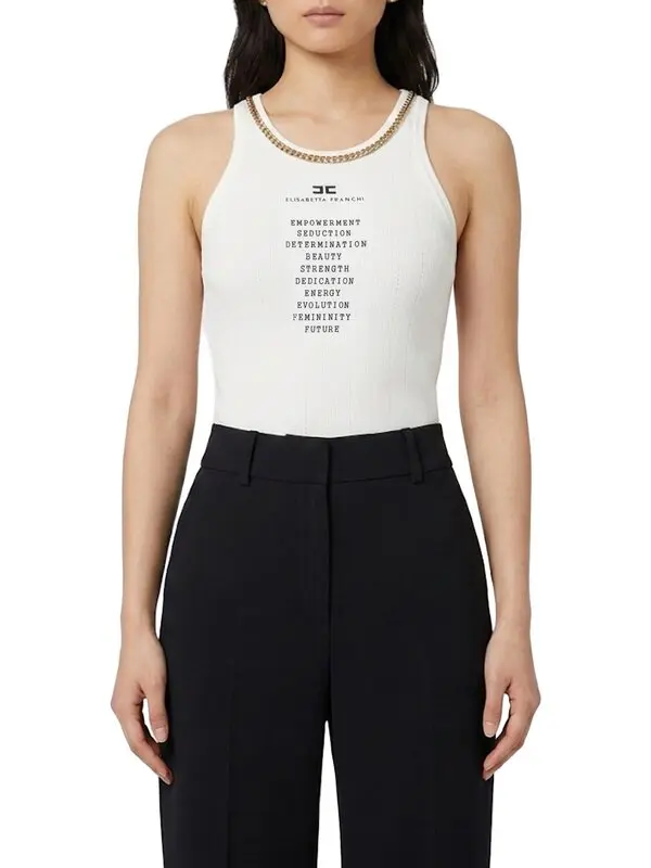 Elisabetta Franchi Ribbed Knit Tank Top With Chain Detail - Ivory