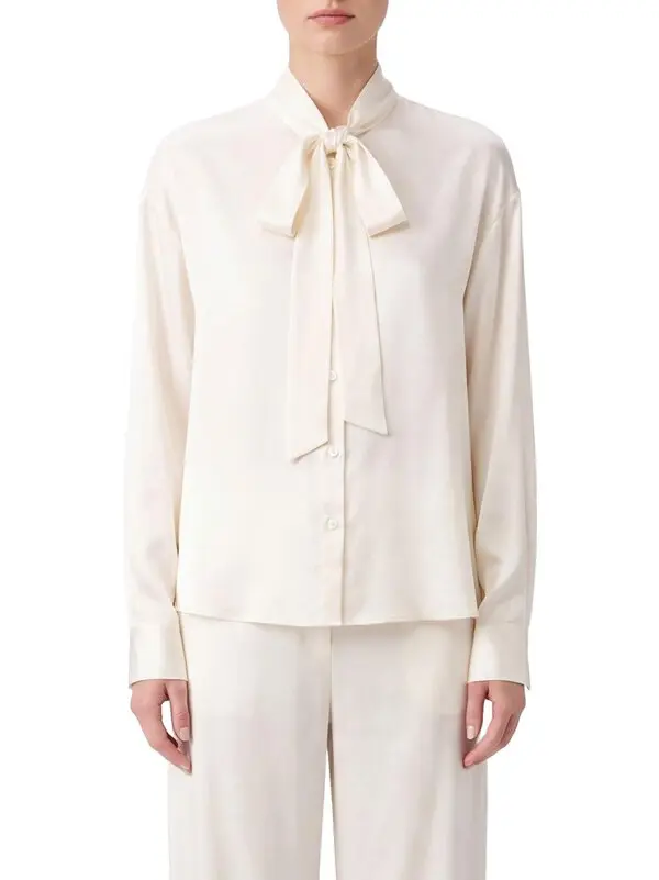 FORTE_FORTE Slim Fit Stretch Silk Pussy-bow Shirt - Ivory