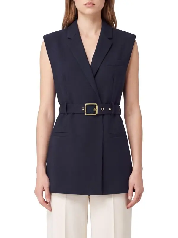 Pinko Wool-blend Waistcoat With Belt And Lapels - Blue