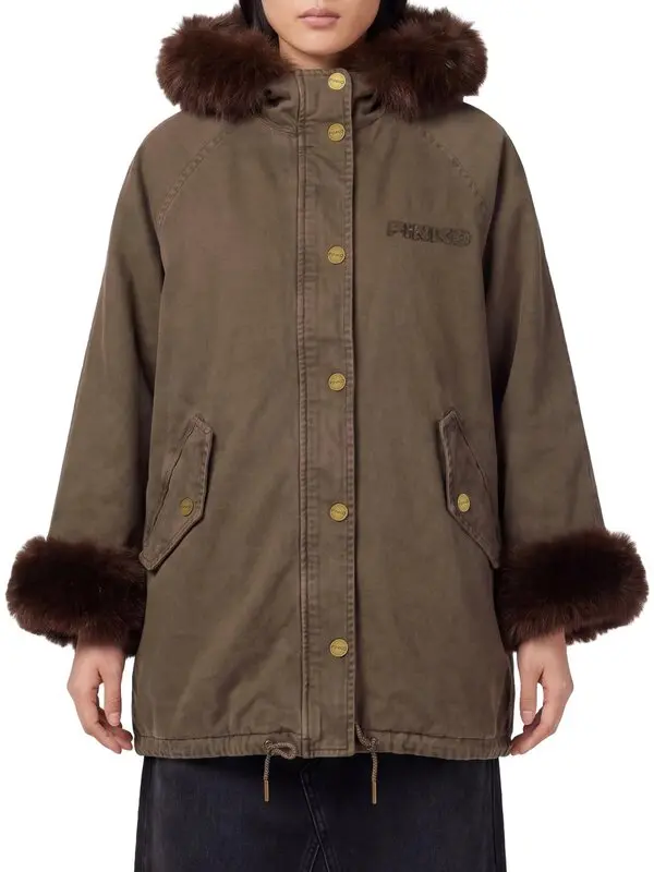 Pinko Cropped Hooded Parka With Fur Trim - Brown
