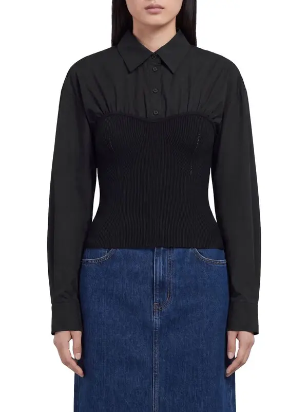 Pinko Slim Fit Viscose Corset Top With Long Sleeves And Classic Collar - Black
