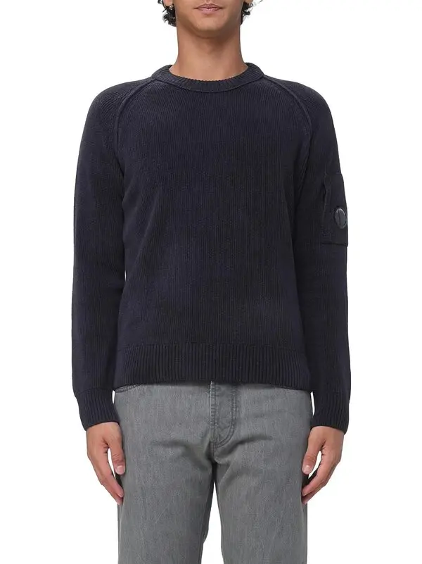 C.P. COMPANY Cotton Crewneck Jumper With Applied Logo And Ribbed Trims - Blue