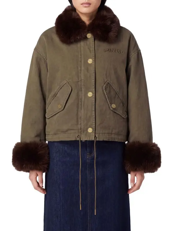 Pinko Short Cotton Parka With Faux Fur Collar And Cuffs - Green