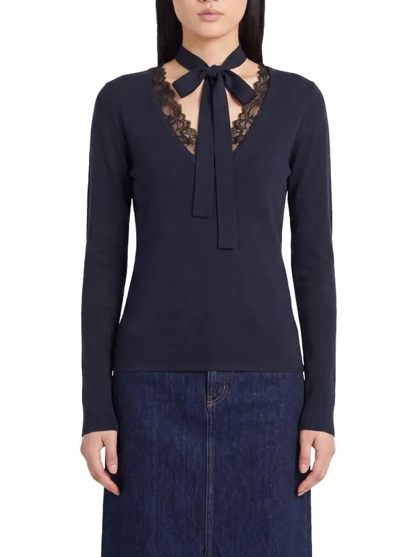 Pinko Slim Fit Wool Jumper With V-neck And Scarf Tie - Blue