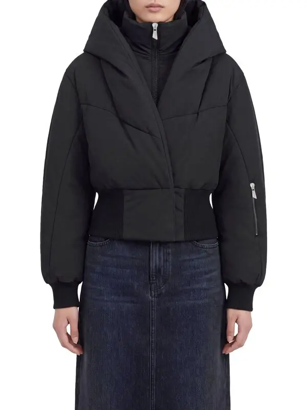 Attico Cropped Hooded Puffer Bomber In Water-repellent Fabric - Black