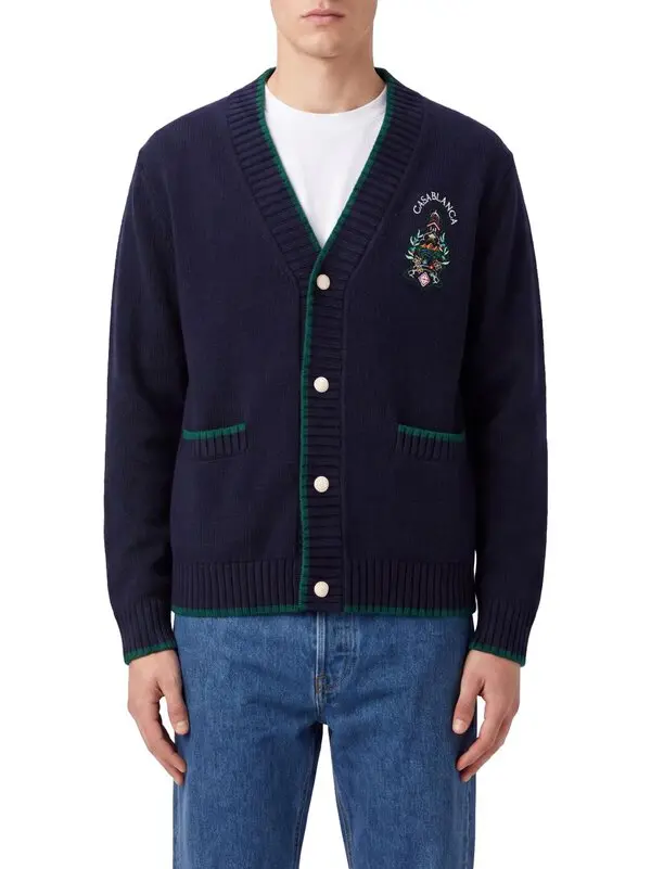 Casablanca Wool And Cashmere Cardigan With Crest And Contrast Trim - Black