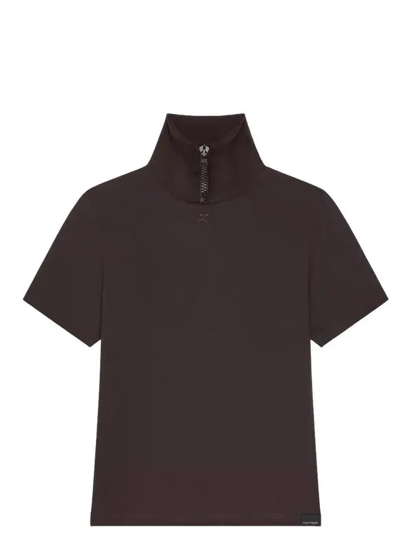 COURREGES Zip-neck Ribbed-collar T-shirt - Brown
