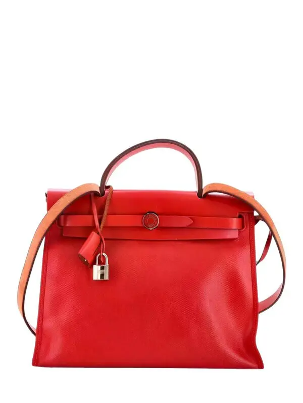 Hermès Herbag Zip Berline Vache Canvas And Leather 31 Shoulder Bag - Red