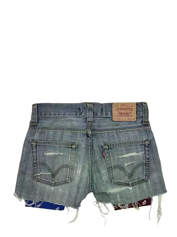 HTC LOS ANGELES Distressed Denim Shorts With Bandana Inserts - Blue