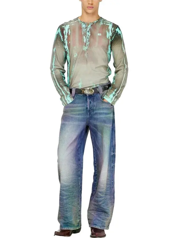 DIESEL® Grandad T-shirt In Cracked Leather-effect Jersey - Grey