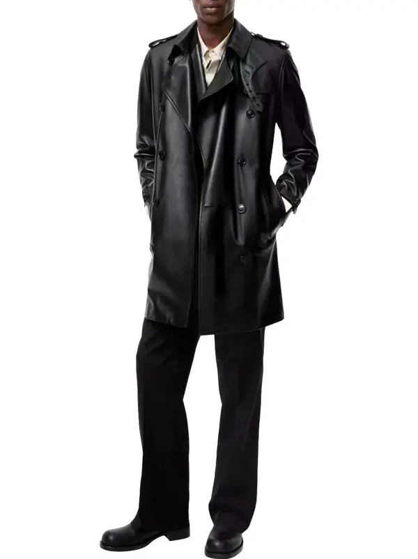 Burberry Mid-length Leather Kensington Trench Coat - Black
