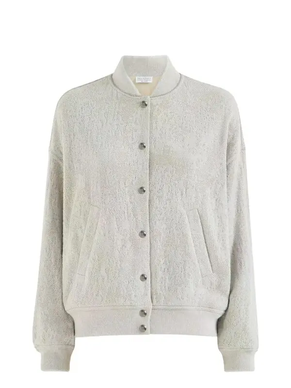 Brunello Cucinelli Lace Flowers Jersey Sweatshirt In Sparkling Virgin Wool And Cashmere With Monili - Grey
