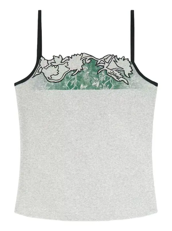 DIESEL® Ribbed Camisole With Floral Outline Embroidery - Grey