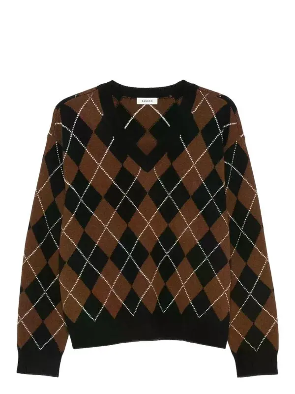 Sandro V-neck Argyle Sweater - Brown