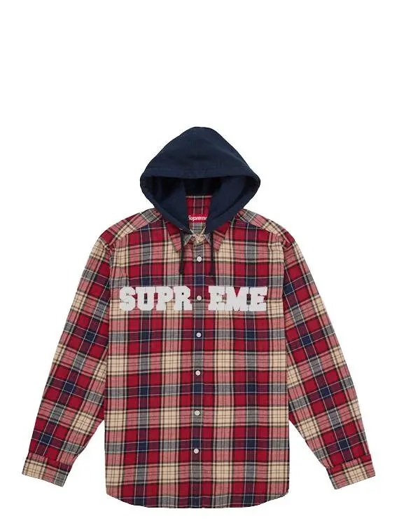 Supreme Applique Hooded Flannel Shirt - Red