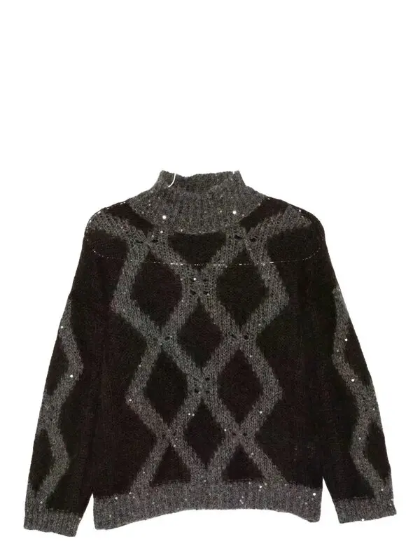 PANICALE Sequin-embellished Argyle Knit Mock Neck Sweater - Brown