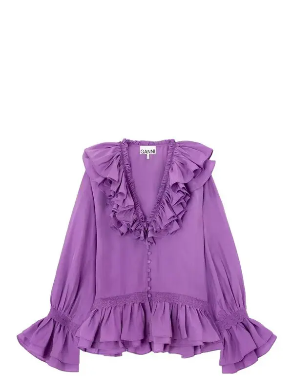 GANNI Viscose Silk Ruffle Blouse - Purple