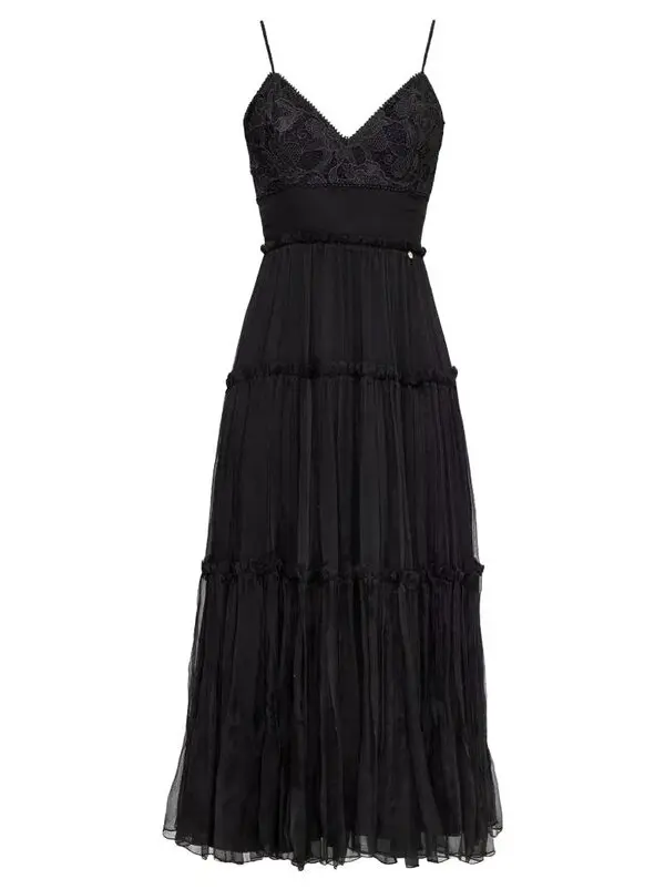 NISSA Floral-embroidered Silk Midi Dress - Black