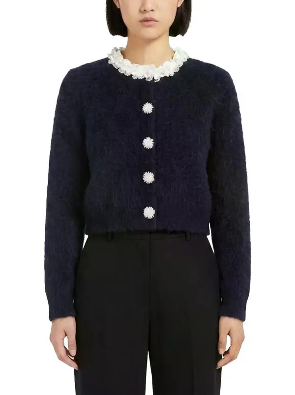 SELF-PORTRAIT Flower-button Pearl-trim Cardigan - Blue
