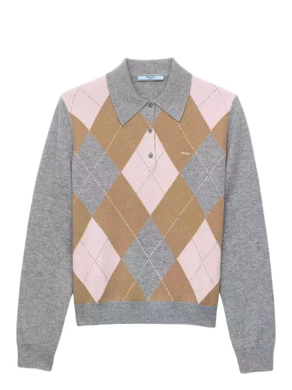 Prada Argyle Cashmere Polo Sweater - Grey
