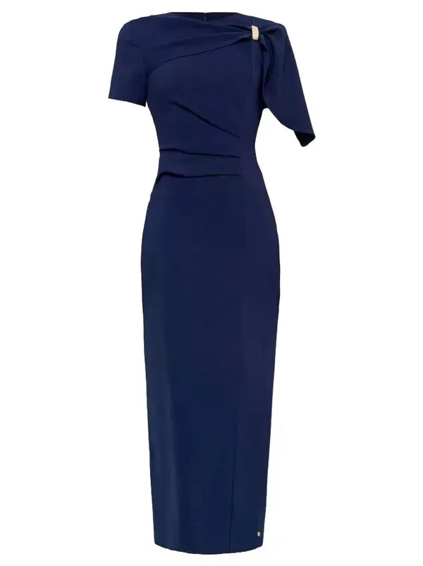 NISSA Fitted Midi Dress With Draped Shoulder Detail - Blue