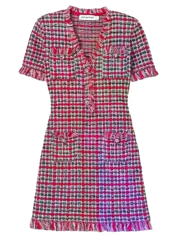 SELF-PORTRAIT Check-pattern Frayed-trim Mini Dress - Red