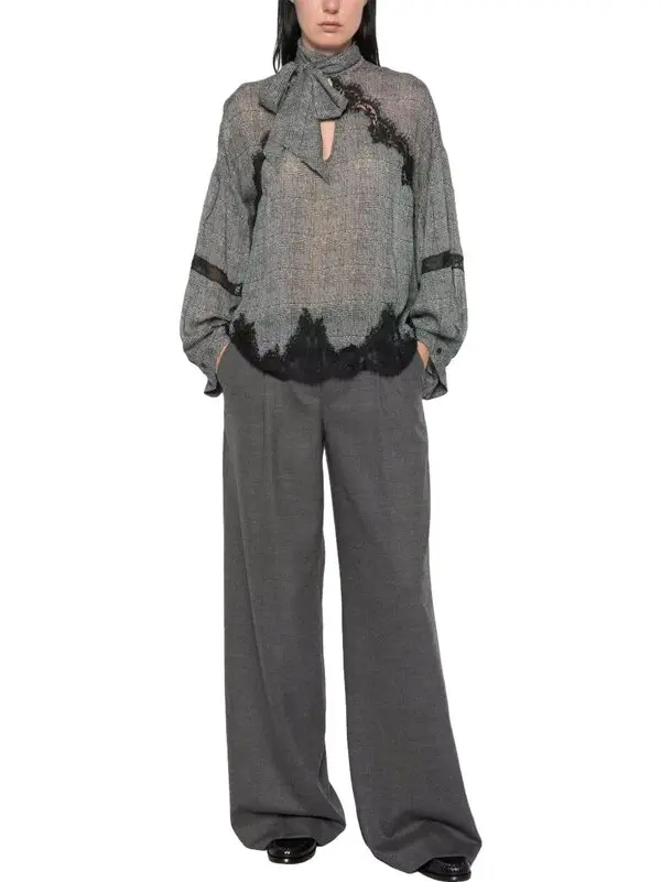 ERMANNO FIRENZE Check Print Lace Trim Blouse - Black