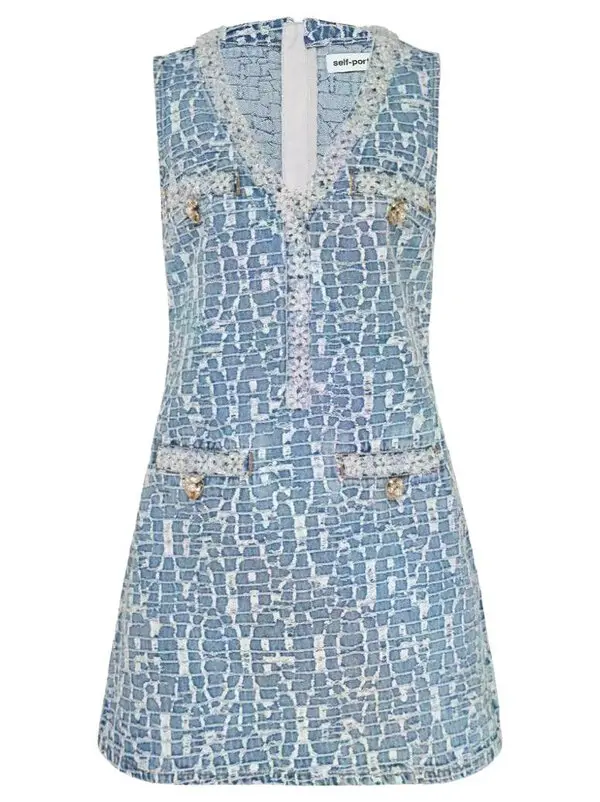 SELF-PORTRAIT Embellished Denim Mini Dress - Blue