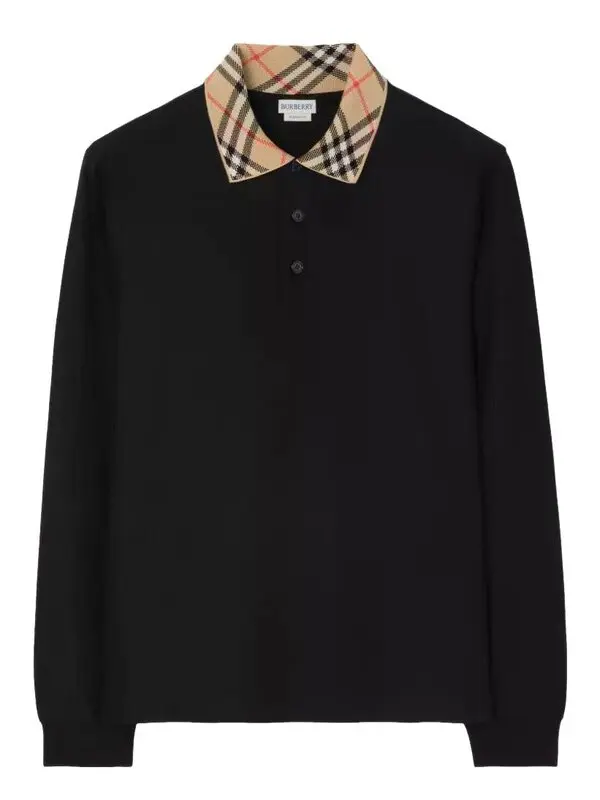 Burberry Long-sleeve Check Collar Cotton Polo Shirt - Black