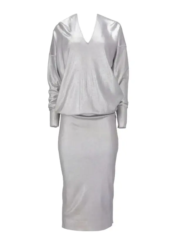 TOM FORD Metallic-effect V-neck Long-sleeved Midi Dress - Silver