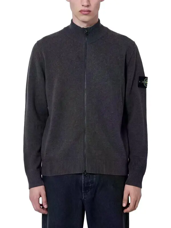 Stone Island Logo Patch Wool Zip-up Sweater - Brown