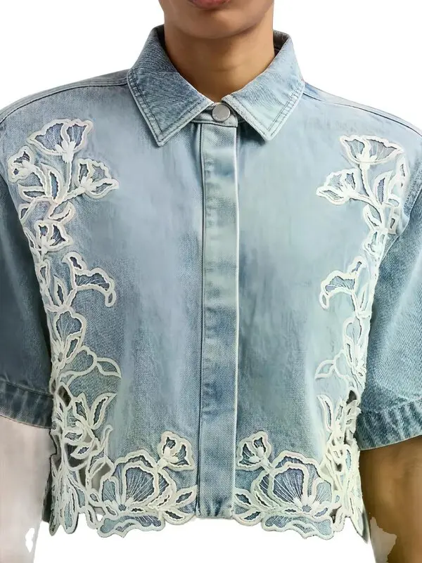 Simkhai Albaine Embroidered Denim Cropped Shirt - Blue