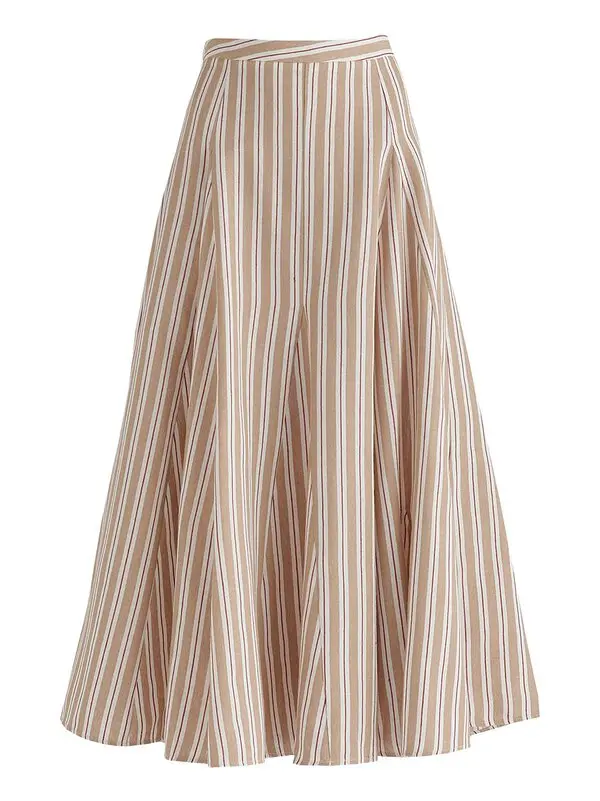 PAISIE Neutrals Striped Flared Maxi Skirt With Godet Paneling In Stripes - Beige