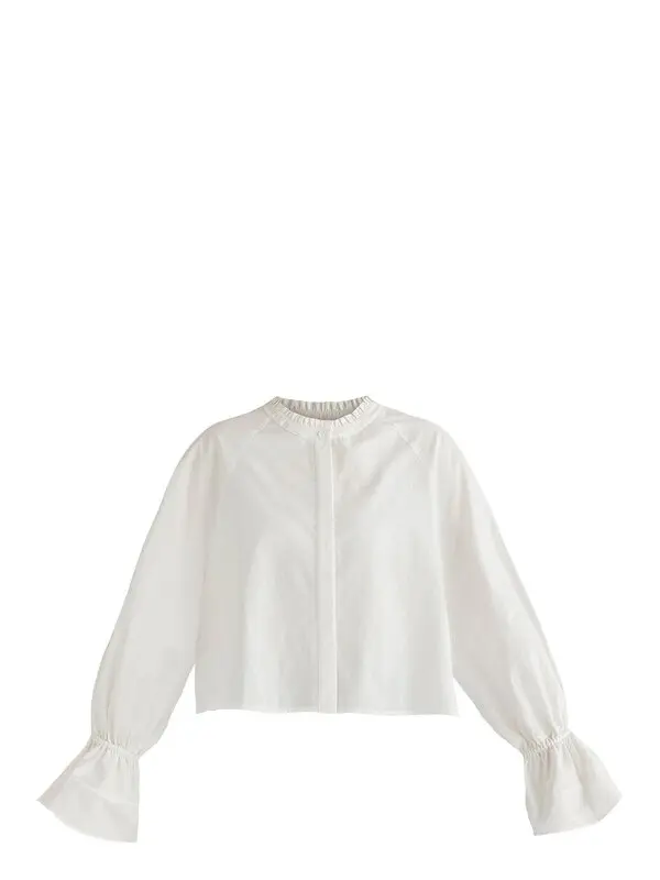 PAISIE Ruffle Round Neck Blouse With Cinch Wrist Detail - White