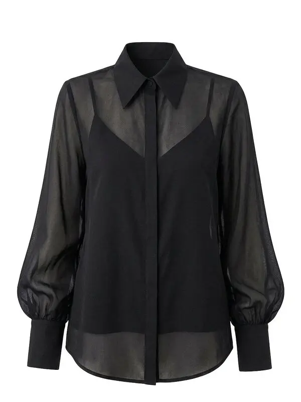 EXQUISE Madelyn Balloon Sleeve Sheer Shirt - Black