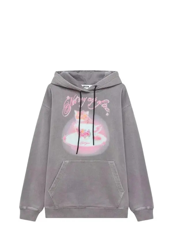 MSGM Rhinestone Embellished Graphic Hoodie - Grey