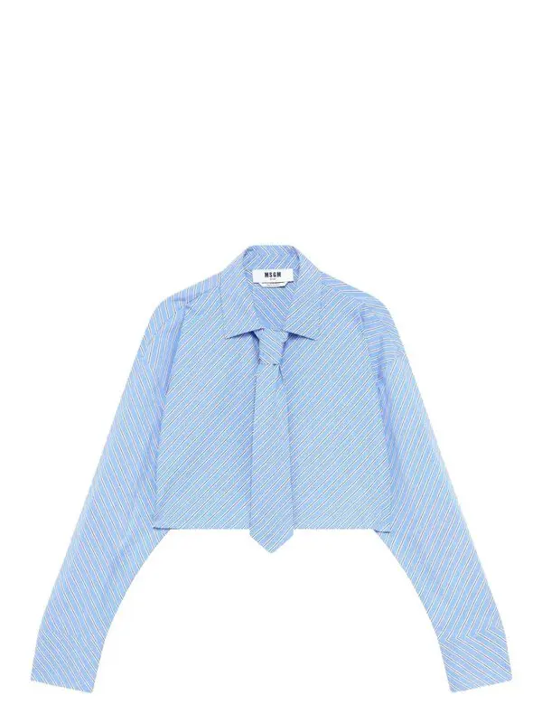 MSGM Striped Cropped Shirt With Tie Detail - Blue
