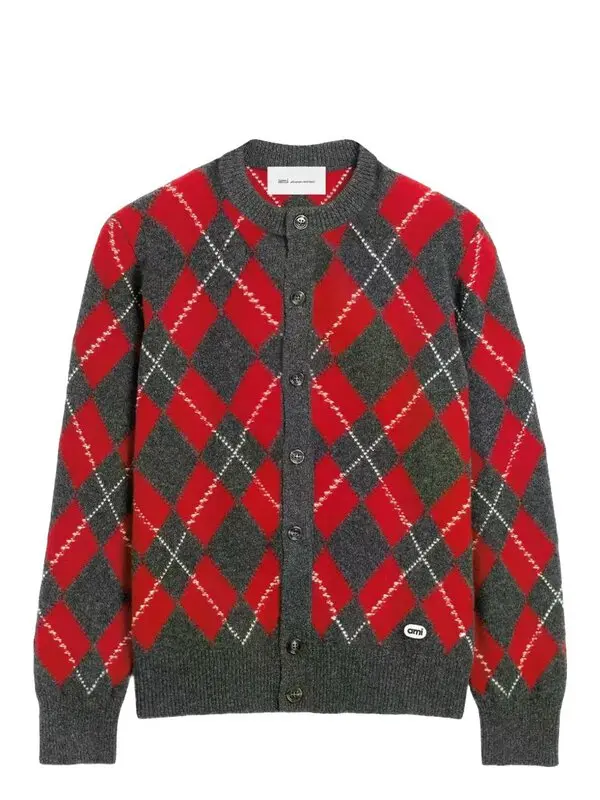AMI Paris Wool Cardigan In Argyle - Grey