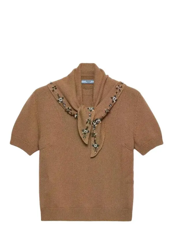 Prada Short-sleeved Cashmere Sweater With Scarf - Brown