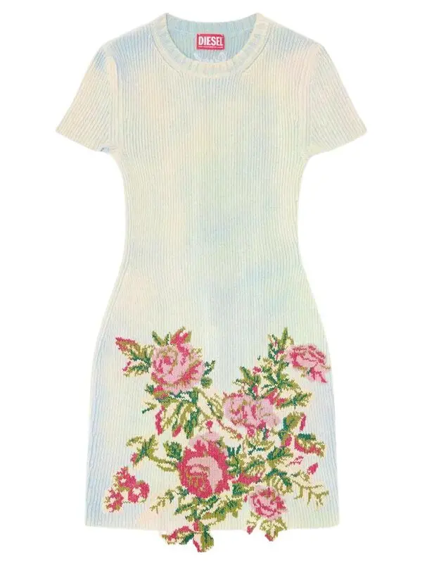 DIESEL® Short Dress In Floral Wool-blend Knit - Neutrals