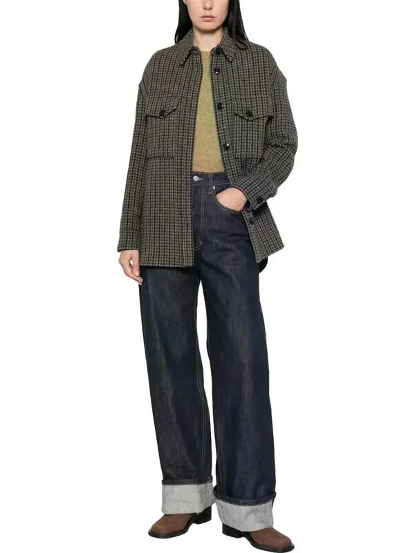 Closed Houndstooth-pattern Button-up Jacket - Brown
