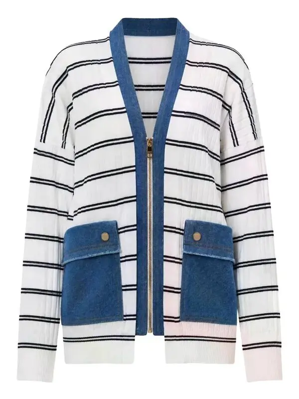 Liu Jo Striped Knit Cardigan With Denim Inserts - White