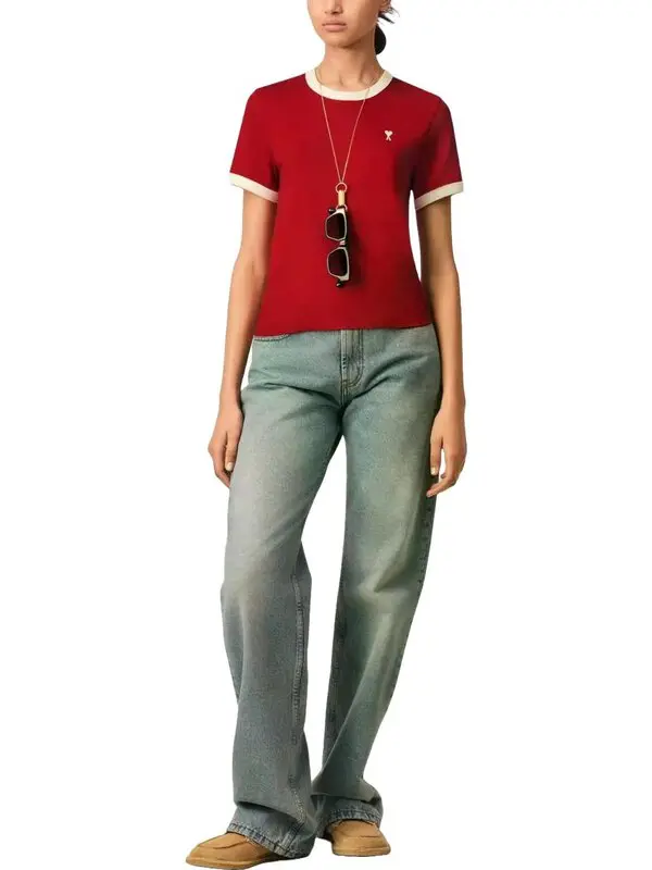 AMI Paris Contrasted Cotton T-shirt With De Coeur Embroidery - Red
