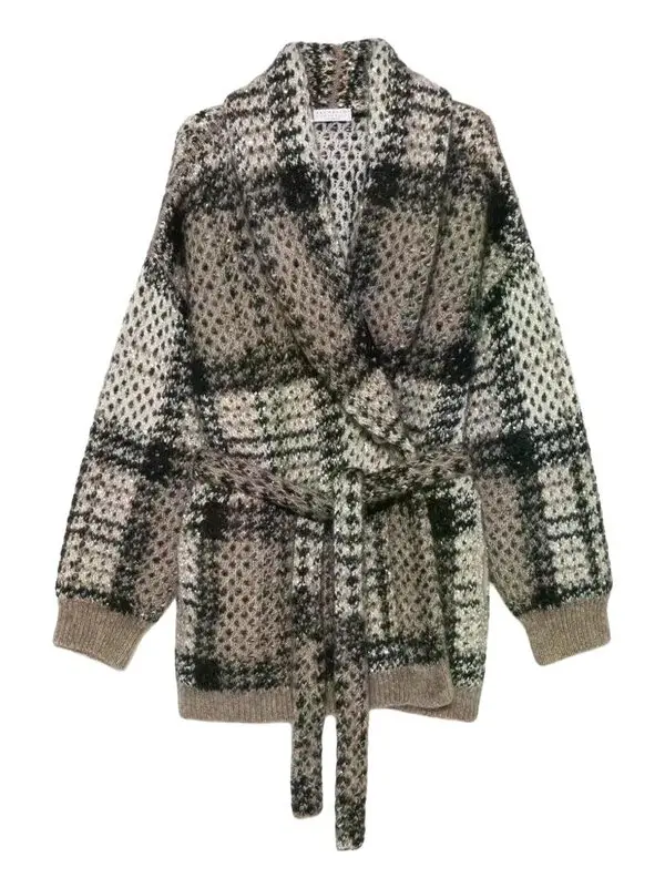 Brunello Cucinelli Sequin Embellished Checked Cardigan - Brown