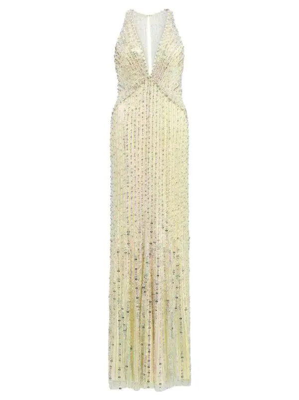 Jenny Packham Atlas Embellished V-neck Gown - Neutrals