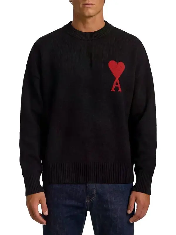 AMI Paris Crewneck Wool Sweater With De Coeur - Black