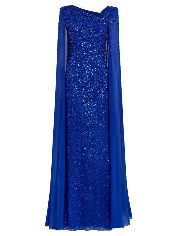 Jenny Packham Embellished Asymmetrical Gown With Draped Sleeves - Blue