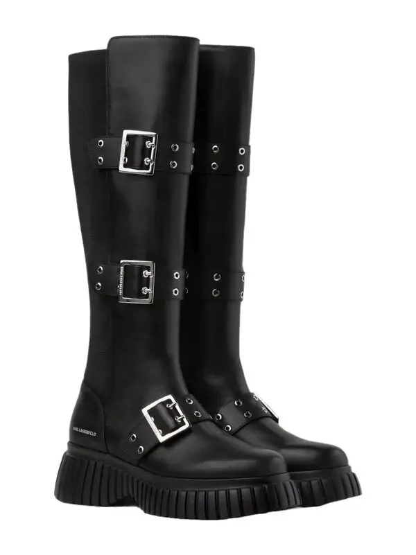 Karl Lagerfeld Knee High Buckle Wedge Boots - Black