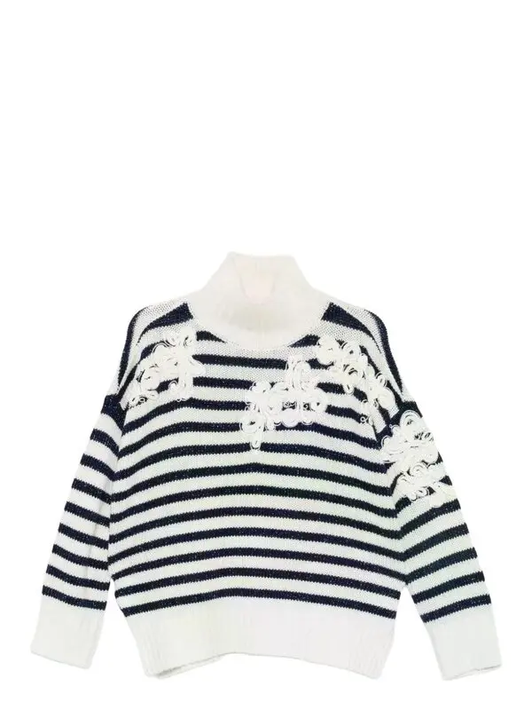 ERMANNO FIRENZE Striped Floral Appliqué Mock Neck Sweater - Neutrals