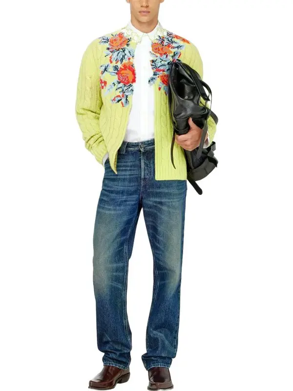 DIESEL® Open-front Cardigan In Floral Cable Knit - Green